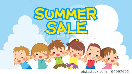 Summer sale with cute kids jumping 1200x628... - Stock Illustration ...
