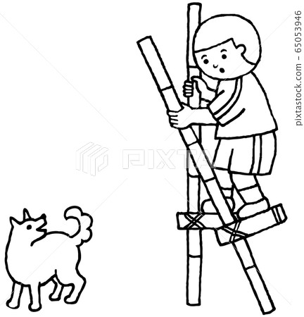 Boy and dog playing on stilts (monochrome) - Stock Illustration ...
