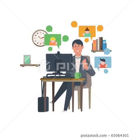 Illustration of a man making a video call [Work... - Stock Illustration ...