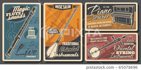 Music instruments, musical store retro posters - Stock Illustration ...