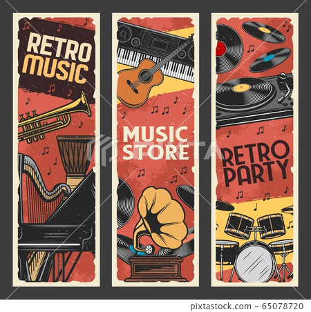 Music instruments retro banners, music store - Stock Illustration ...