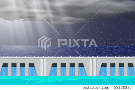 landscape of dam at the river in the rain day - Stock Illustration ...