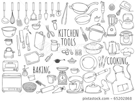 Hand drawn illustration: kitchen tools - Stock Illustration [65202868 ...