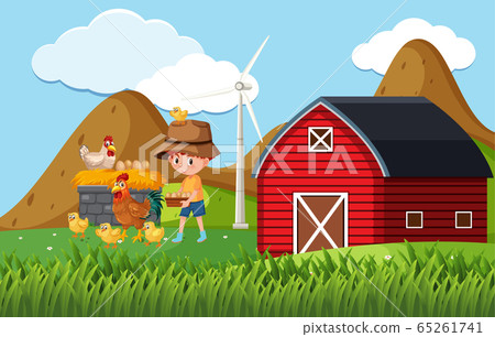 Farm scene with boy and chickens on the farm - Stock Illustration ...