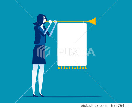Woman blowing a horn with a banner. Business - Stock Illustration ...