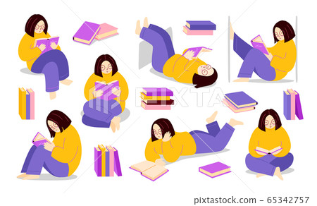 Girl reading a book in different poses and... - Stock Illustration ...