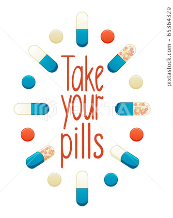 Take your pills lettering with different pills... - Stock Illustration ...