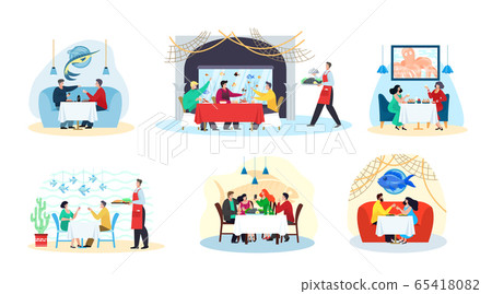 Fish restaurant and sea food, people eat meals... - Stock Illustration ...