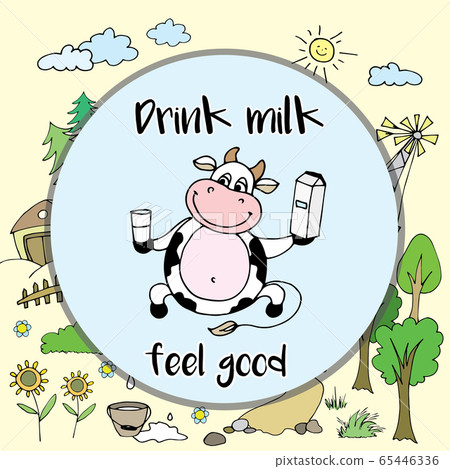 Positive, happy cow with milk. - Stock Illustration [65446336] - PIXTA