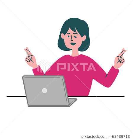 Girl computer wishes good luck Crossfinger - Stock Illustration ...