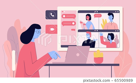 Cartoon woman connecting with friends at video... - Stock Illustration ...