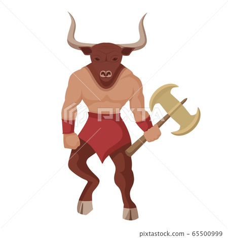 Minotaur with battle ax. Mythical greek colored... - Stock Illustration ...