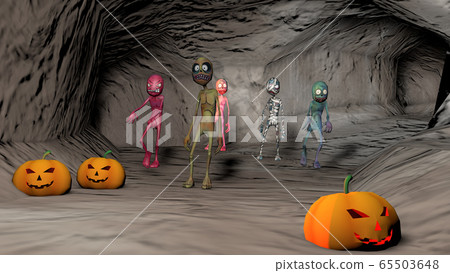 Cave with multi-colored cartoon zombies. 3D - Stock Illustration ...