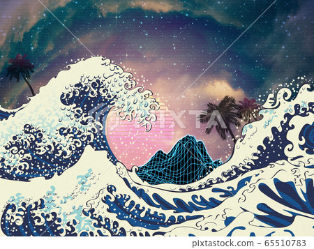 Retro big waves and palms - Stock Illustration [65510783] - PIXTA