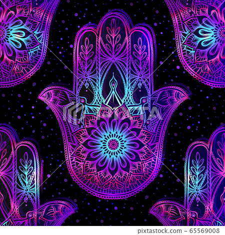 Seamless pattern with ornate hand drawn hamsa. - Stock Illustration ...