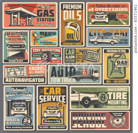 Car service and auto parts retro vector posters - Stock Illustration ...