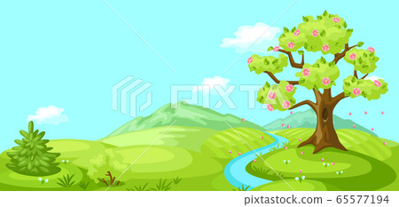 Spring landscape with trees, mountains and hills. - Stock Illustration ...