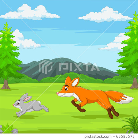 The fox is chasing a rabbit in an African savanna-插圖素材 [65583575] - PIXTA圖庫