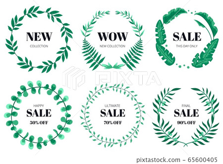 Set of floral wreaths with green leaves and text. - Stock Illustration ...
