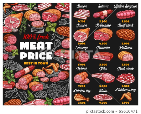 Butcher shop meat menu vector sketch template - Stock Illustration ...
