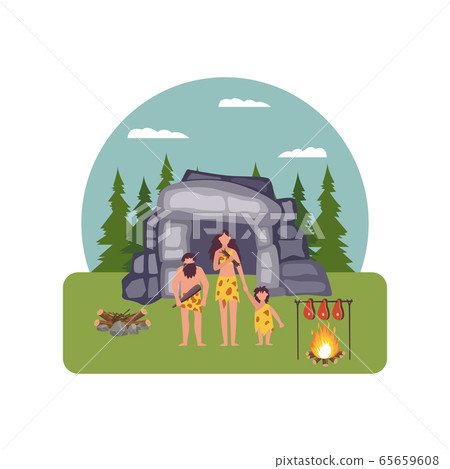 Prehistoric house with primitive people... - Stock Illustration ...