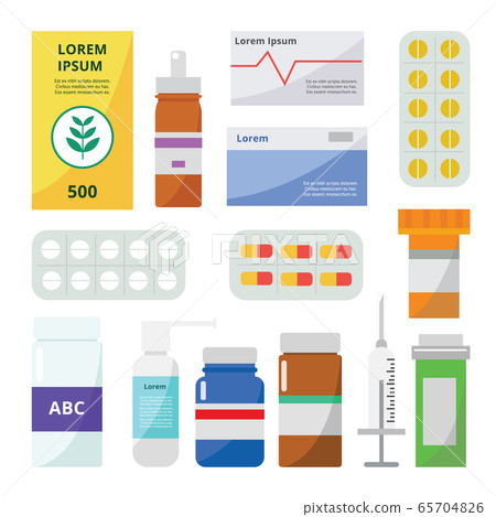 Set of medicine bottles, pills and drops flat... - Stock Illustration ...
