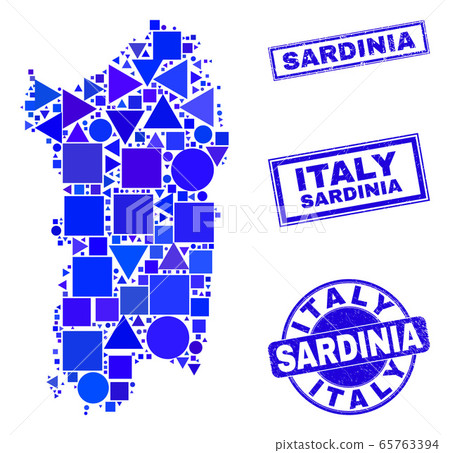 Blue Geometric Mosaic Sardinia Map and Seals - Stock Illustration ...