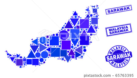 Blue Geometric Mosaic Sarawak State Map and Stamps - Stock Illustration ...