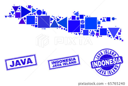 Blue Geometric Mosaic Java Island Map and Stamps - Stock Illustration ...