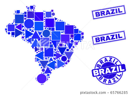 Blue Geometric Mosaic Brazil Map and Stamps - Stock Illustration ...