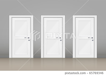 Grey wall with three closed doors in center - Stock Illustration ...