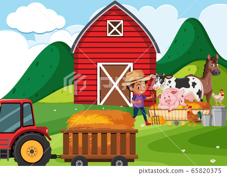 Farm scene with boy and animals on the farm - Stock Illustration ...