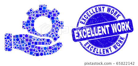 Blue Grunge Excellent Work Seal and Gear... - Stock Illustration ...