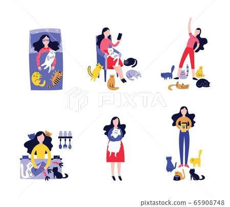 Cat lady isolated drawing set, young woman with... - Stock Illustration ...