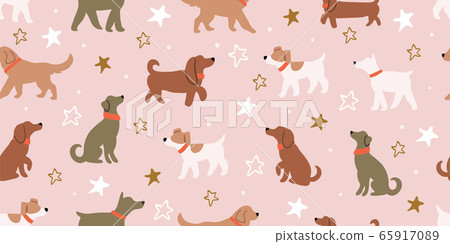 Vector seamless pattern with cute dogs, stars pink - Stock Illustration ...