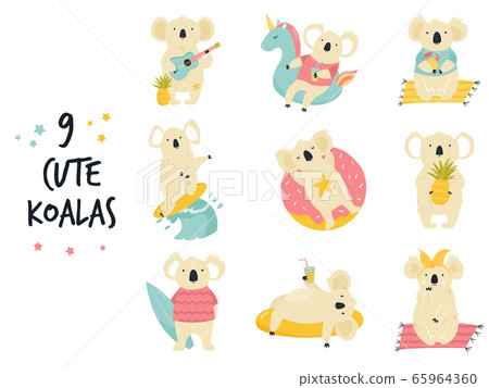 Set of cute funny koalas in relaxing mood. - Stock Illustration ...