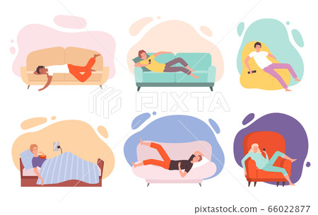 Lazy characters. Laying people on couch or sofa... - Stock Illustration ...