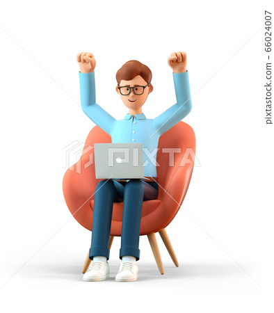 3D illustration of happy man with laptop... - Stock Illustration ...