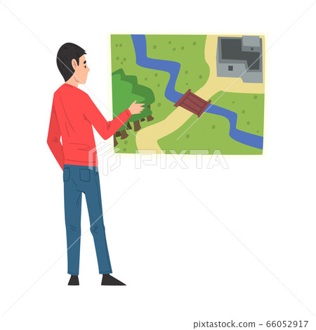 Young Man Looking at Wall with Map, Person... - Stock Illustration ...