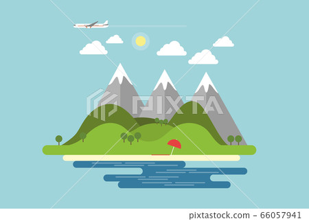 Flat design landscape with island with mountains, - Stock Illustration ...
