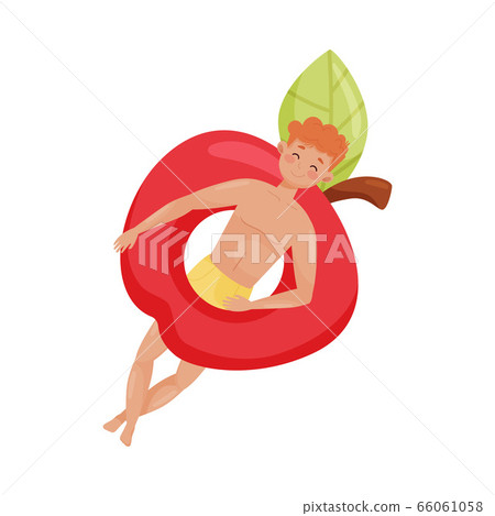 Smiling Man Character Floating on Rubber Apple... - Stock Illustration ...