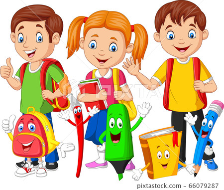 Cartoon happy school children with school supplies - Stock Illustration ...