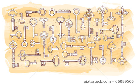 Big collection of doodle vintage keys. Vector... - Stock Illustration ...