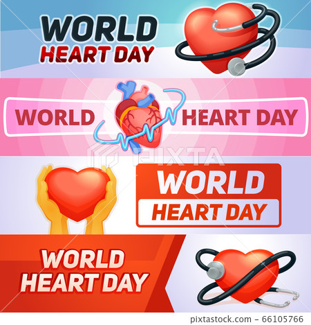 World heart day banner set, cartoon style - Stock Illustration ...