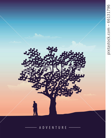 couple in love stands under a big tree at sunset - Stock Illustration ...