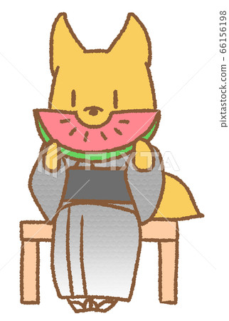 Fox in a yukata (gray) eating watermelon - Stock Illustration [66156198 ...