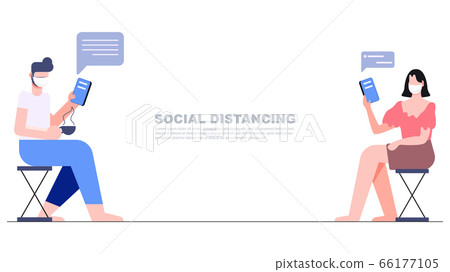 Two people sitting separate keep distance chat... - Stock Illustration ...