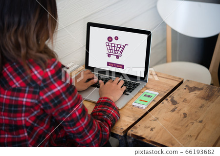 Online shopping website on laptop screen with - Stock Illustration ...