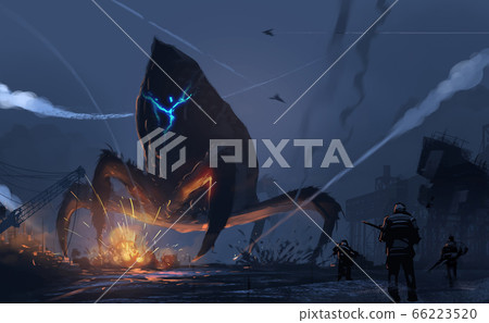 a giant monster attacking city against armies... - Stock Illustration ...