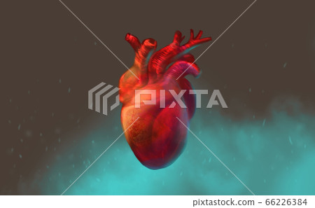 a human heart floating in the air, against blue... - Stock Illustration ...